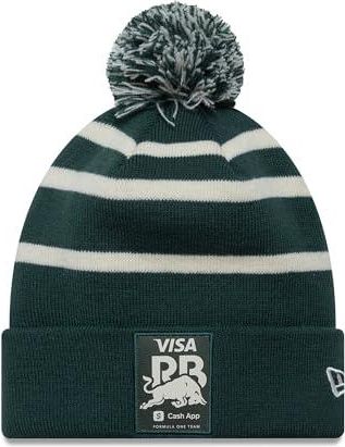 New Era Visa Cash App Racing Bulls F1 Team, produit officiel 2025, rayures sportives, bonnet à pompon, vert, blanc