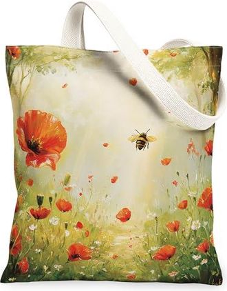 Generic Sac fourre-tout en toile r&eacute;utilisable pour le shopping, 33 x 38 cm, motif coquelicots, for&ecirc;ts, fleurs, abeilles, sac d&eacute;picerie r&eacute;utilisable pour femme