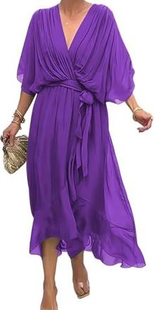Generic Robe &Eacute;l&eacute;gante et Stylis&eacute;e Col en V Maxi, Robe Fluide en Mousseline, Robe de Soir&eacute;e Maxi pour l&Eacute;t&eacute;, Robe de Mari&eacute;e pour Invit&eacute;e, violet, XL