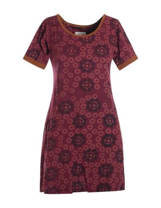 vishes Alternative Bekleidung - Kurzarm Damen Hippie T-Shirt Kleid Blumen Tunika Jerseykleid Baumwolle dunkelrot 48-50