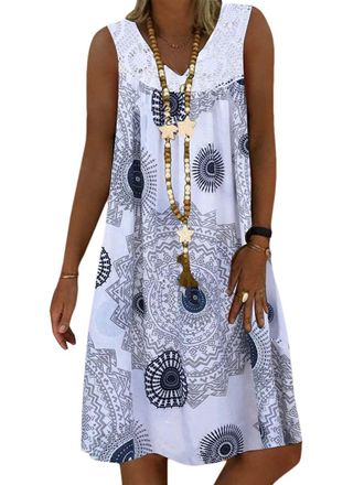 Onsoyours Sommerkleid Damen V-Ausschnitt Spitze Druck Strandkleid A-Linie Kleid Boho Knielang Kleider &Auml;rmellos T-Shirt Kleid Longshirt Tanktops D Wei&szlig; 48