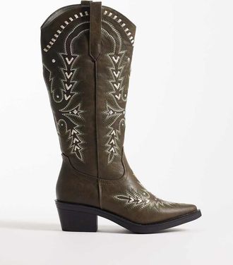 Glamorous Santiags montantes brod&eacute;es - Kaki-Vert