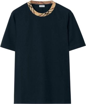 Burberry Homme, Tops, Bleu, Taille: 2XL T-shirt en coton &agrave; bordure &agrave; carreaux