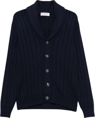 Brunello Cucinelli Cardigan &agrave; col ch&acirc;le - Homme - Pulls - Bleu - Taille: M
