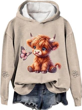 Generic Sweat &agrave; capuche motif vache Highland pour femme avec capuche - Pull de No&euml;l imprim&eacute; vache Highland - Grande taille - Pull ample d&eacute;contract&eacute; - Pull fan