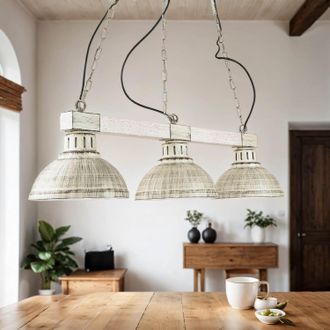 Licht-Erlebnisse Pendelleuchte Metall Holz in Shabby Weiß Wohnzimmer L:72 cm cm E27 Rustikal 3-flammig Vintage gemütliche Esstisch Hängelampe HAKON