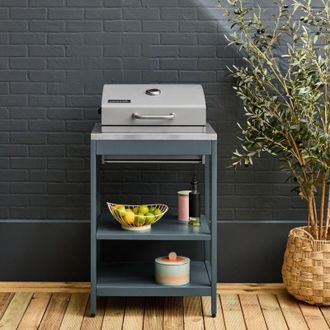 Sweeek Barbecue grill charbon de bois bleu gris Naxos grille chrom&eacute;e 2 &eacute;tag&egrave;res