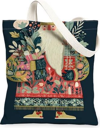 Generic Sacs fourre-tout en toile &agrave; motif floral de No&euml;l, sacs d&eacute;picerie r&eacute;utilisables, l&eacute;gers et lavables avec bandouli&egrave;re, Bleu fonc&eacute;, 13x15 Inch