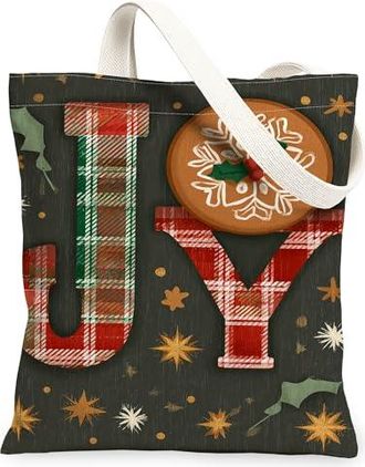 Generic Christmas Joy Sacs fourre-tout en toile, motif &eacute;cossais de vacances, sacs d&eacute;picerie r&eacute;utilisables, vintage, rustiques, l&eacute;gers et lavables avec bandoul