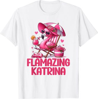 BDAZ Flamazing Katrina Pink Flamingo Tropical Beach Scene Damen T-Shirt