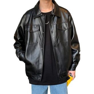 Generic Blouson en cuir pour homme, blouson aviateur vintage en similicuir style motard, revers zipp&eacute;, poches, noir, taille L