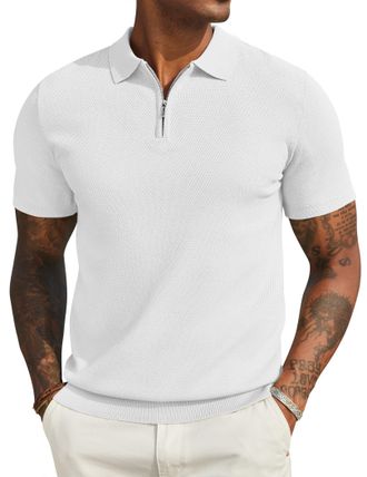 Coofandy Poloshirts f&uuml;r Herren Kurzarm Strick Poloshirts Herren Rei&szlig;verschluss Golf Shirt Polohemd M&auml;nner Polo T-Shirt Weiss/Opulenter Garten M
