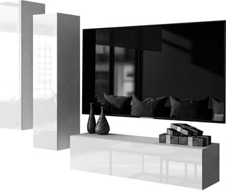 Lukmebel Colgante VII LED-Oberschrank, Hochglanz, 150x36x40cm, weiß, Schichtstoffplatte, Acryl, Zwei Nischen, aufschiebbar, modern