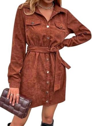 ORANDESIGNE Robe Femme Chic et Elegant Hiver en Velours C&ocirc;tel&eacute; Mini Robe Chemise D&eacute;contract&eacute; Col V Manches Longues Veste sur Robe Blouse Chemisier Tunique avec Ce