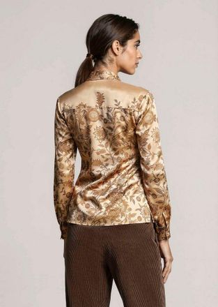 Madeleine Langarmbluse Schluppenbluse mit Bl&uuml;tenprint Stehkragen mit Bindeband, durchgehende Knopfleiste & Manschetten
