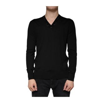 Dolce & Gabbana Schwarzer V-Ausschnitt Wollpullover - - Knitwear - Herren - Schwarzk - 2XS