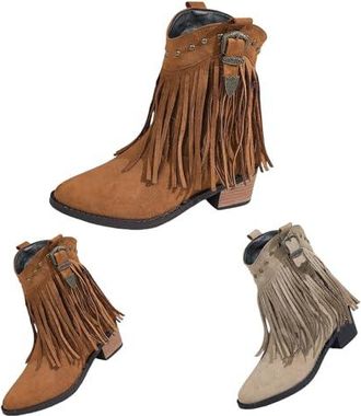 Generic Bottes de cowboy &agrave; pompons pour femme - Bottes &agrave; franges - Bottes de cowgirls occidentales &agrave; boucle tendance - Bout pointu - Bottines de f&ecirc;te conforta