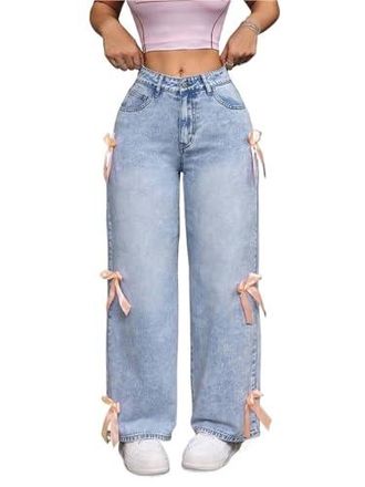 Generic Pantalon en jean avec noeud mignon pour femme - Taille haute - Style d&eacute;contract&eacute; - Y2K - Avec poches, Orange, M