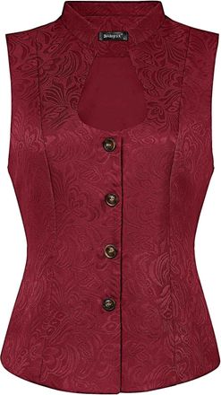 Allegra K Damen Trachtenmieder Dirndl Anzugweste &Auml;rmellos U-Ausschnitt Einreihige Steampunk Jacquard Weste Burgunderrot XL