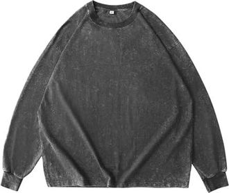 Generic T-shirt pour homme en pur coton couleur unie ample &agrave; manches longues col rond avec base, sweat &agrave; capuche fin, gris, XXL