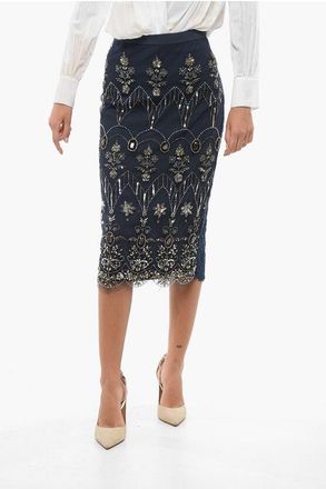 Elisabetta Franchi Lace Longuette with Embroidery and Rhinestones size 40