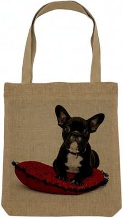Fabulous Sac Shopping Tote Bag Aspect Lin - Bouledogue Fran&ccedil;ais Noir et Blanc Petit Chien sur Coussin Rouge et Noir Mignon Animaux - Sac de Courses Toile Epais