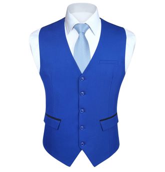 Hisdern Anzugweste Blau Herren Elegant Hochzeit Weste Anzug Klassische Einfarbig Businessweste Formelle Smoking Anzugwesten mit Taschen 3XL