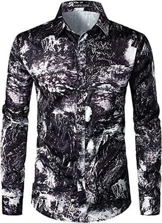 PARKLEES Chemise en satin à manches longues boutonnée pour homme Hipster en soie imprimée ajustée, Zlcl36-102-noir, XXL