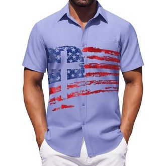 Generic Chemise d&eacute;t&eacute; en coton et lin pour homme - 4 juillet - Jour de lind&eacute;pendance - Chemise en lin d&eacute;contract&eacute;e tendance et respirante, bleu clair, XXL