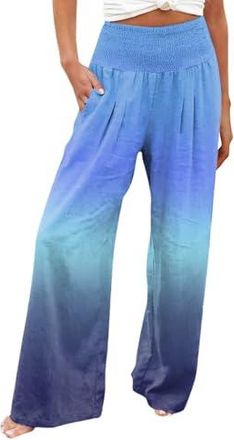 Generic Pantalon en coton et lin pour femme - Jambe large - Pantalon de plage d&eacute;t&eacute; pour femme - Confortable - Pantalon de yoga Palazzo XIYU26081, bleu ciel, 3