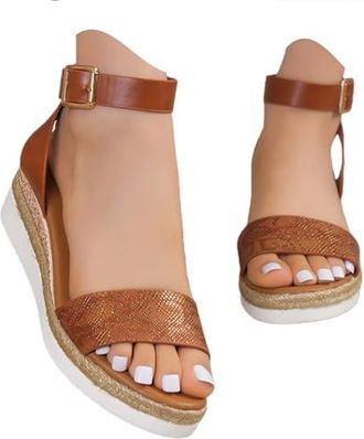 Generic Sandales compens&eacute;es &agrave; bout ouvert et bride arri&egrave;re pour femme avec noeud lat&eacute;ral, style d&eacute;contract&eacute;, talon mi-bas, toile avec noeud papillon, Td Brown