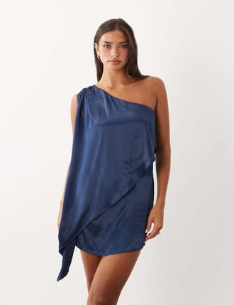 Asos Satin-One-Shoulder-Cape-Minikleid-Marineblau