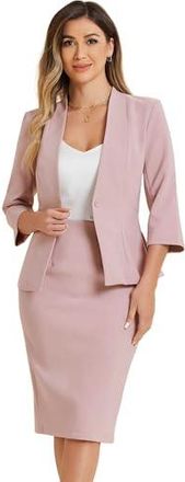 Allegra K Ensemble de tailleur jupe daffaires 2 pi&egrave;ces pour femme, tenue de travail de bureau, blazer sans col, jupe crayon, rose, XS