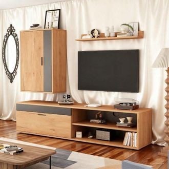 Generic Wohnwand-Set 3-TLG., 140 cm | Media-Kombination aus TV-Board, Standregal & Wandregal | Moderner TV-Schrank in Holzfarbe & Schwarz | Flexibel stehend o