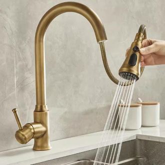 Generic K&uuml;chenarmatur aus antikem Messing mit herausziehbarer Brause, K&uuml;chensp&uuml;le, Messing, teleskopisch, schwenkbar, Retro-K&uuml;chenmischbatterien - Antik