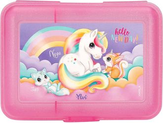 Depesche 12435 Ylvi - Glitzer Brotdose in transparentem Pink mit 1 Fach und einsetzbarer Trennkarte, Lunchbox mit Einhorn-Motiv