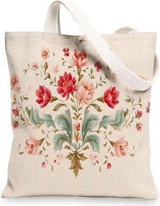 Generic Sacs fourre-tout en toile à motif floral vintage élégant, sacs dépicerie réutilisables, légers et lavables avec bandoulière pour voyage, plage, pique-