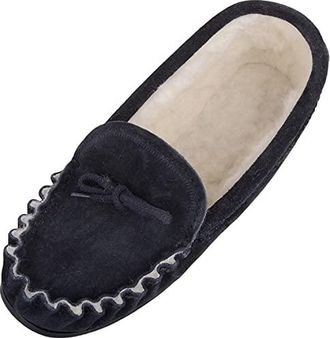 SNUGRUGS Chaussons mocassins à enfiler en daim pour femme avec doublure en laine et semelle en PVC fabriqués au Royaume-Uni - Bleu - bleu marine, 38 EU