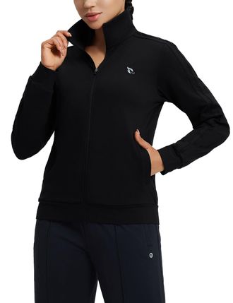 Baleaf Laufjacke Damen Stehkragen Sweatjacke Thermo Sportjacke mit Taschen Langarm Running Jacket Schwarz XXL