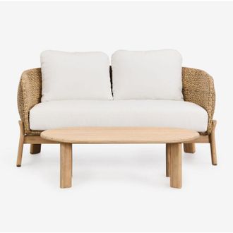 Sklum Leilan Gartenset mit 2-Sitzer-Sofa und Couchtisch aus Akazienholz und Rattan Helles Akazienbraun - Sklum