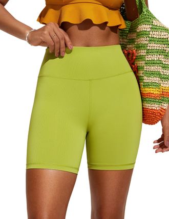 CRZ YOGA Damen Badeshorts Bauchkontrolle High Waist Schwimmshorts Sport Beach Badehose Wassersport Kurze Hose - 13cm Primelgelb 44