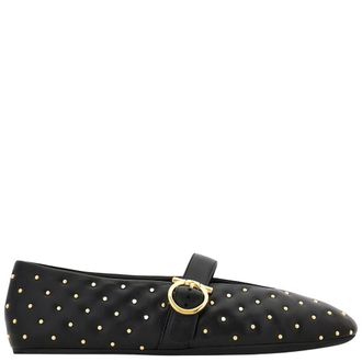 Ferragamo Nappa Leder Ballerinas mit Nieten und Haken-&Ouml;sen-Verschluss - - Shoes - Damen - Schwarzk - 36 EU