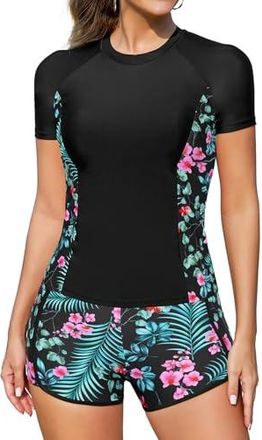 SHEKINI Maillot de bain 2 pi&egrave;ces avec haut et short de bain pour femme - Protection solaire - Rashguard - Maillot de bain modeste, Noir, feuilles, S