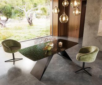 DELIFE Esstisch Edge Boot 200x100 Reliefglas Rauchschwarz 3D-Design V-Gestell Flachstahl Schwarz, Esstische