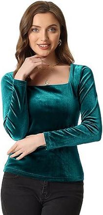 Allegra K Haut À Manches Longues pour Femme T-Shirt Décontracté en Velours À Col Carré Vert L