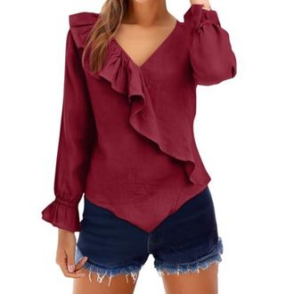 Generic Hauts en lin pour femme - Haut &agrave; manches longues en coton - Coupe ample - T-shirt l&eacute;ger &agrave; manches lanternes - Couleur unie - Bordure asym&eacute;trique - Hau