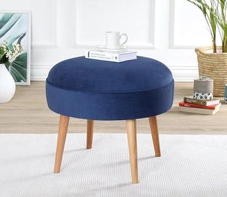 Atelier Del Sofa Elegant Dark Blue Pouffe, 100% Beech Wood Legs, 35 DNS Orthopedic Sponge (6 cm), 52 cm Diameter x 44 cm Height | Stylish & Comfortable Accent for Any 