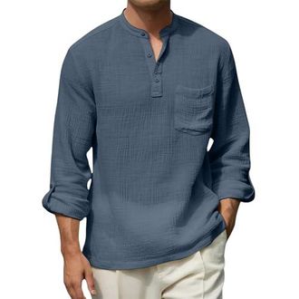 Generic Chemise en lin &agrave; manches longues pour homme Coupe ajust&eacute;e : chemise d&eacute;t&eacute; avec 1/4 bouton Down Chemise de plage avec poche de poitrine Chemise &agrave; manche