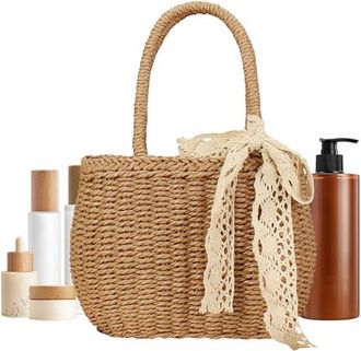 Generico Sac de plage en paille, sac de plage en paille,Sac à bandoulière en paille avec noeud | Sac de vacances pour femme, pochette élégante, grand sac de pl