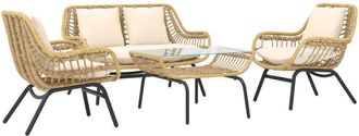OUTSUNNY Salon de jardin 4 pers. 4 pi&egrave;ces style exotique m&eacute;tal &eacute;poxy r&eacute;sine imitation bambou coussins grand confort inclus polyester beige
